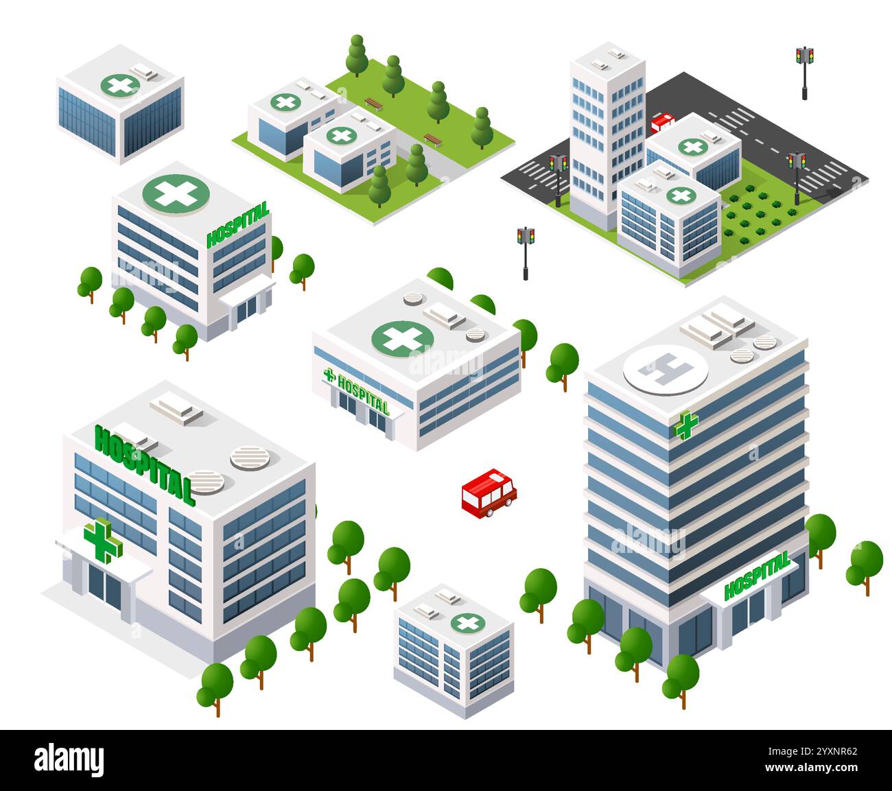Set of isolated isometric hospital buildings of different sizes and ...