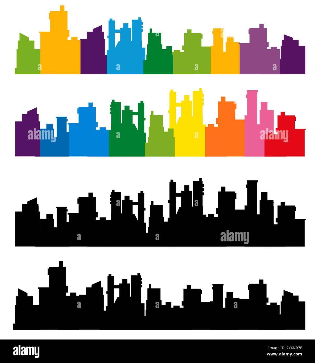 Four different colorful city skylines changing colors from purple to ...
