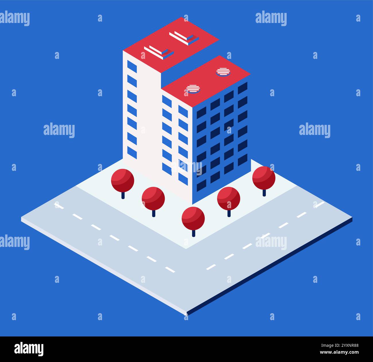 Isometric city building with red roof and trees along the street ...