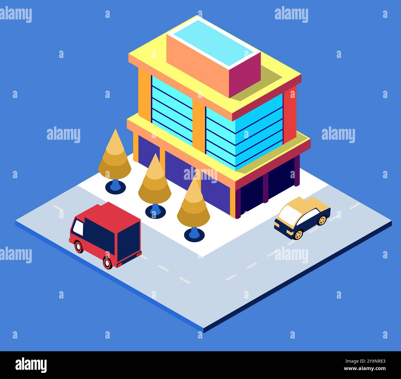 Isometric colorful building with rooftop swimming pool, passing cars ...