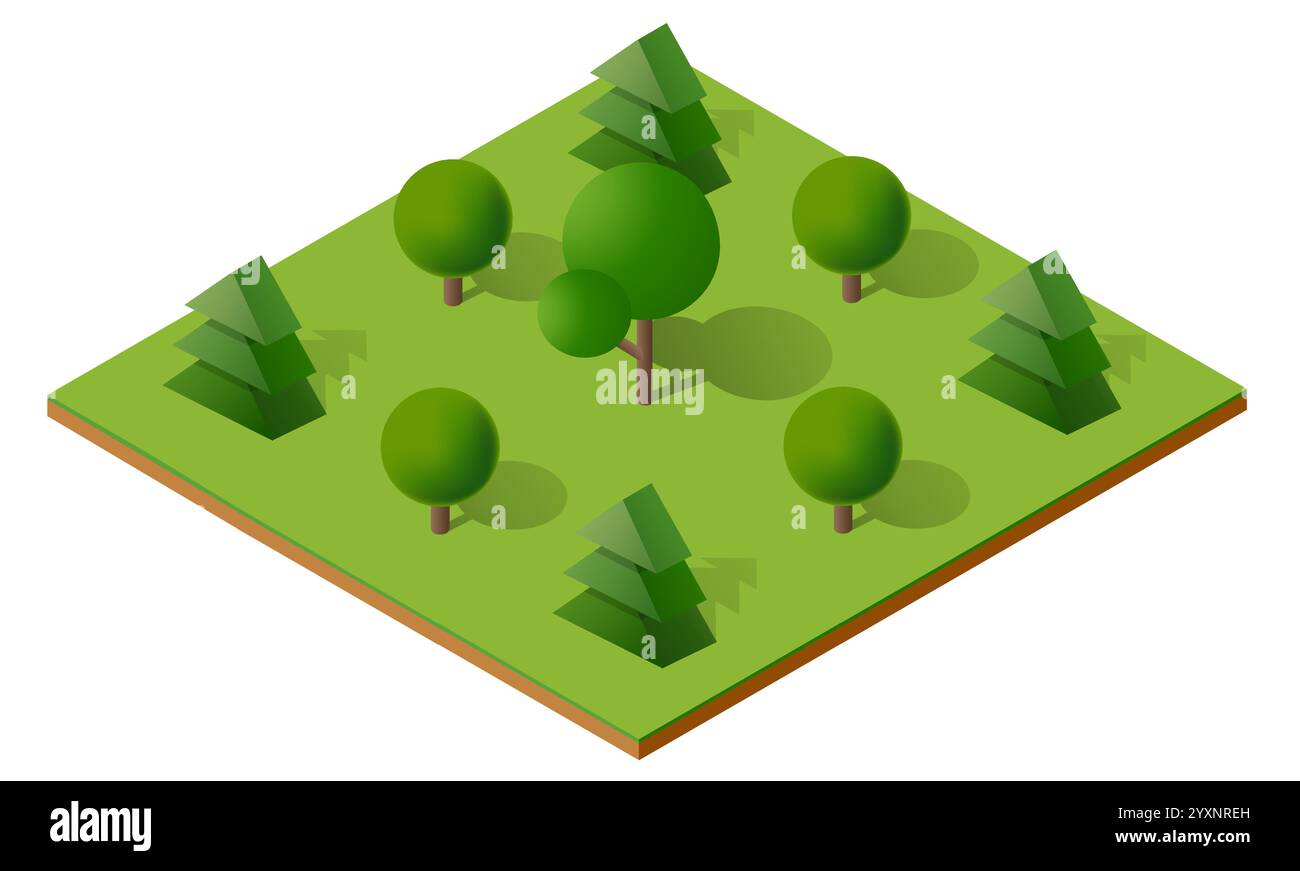 This isometric illustration shows trees casting shadows on a patch of ...
