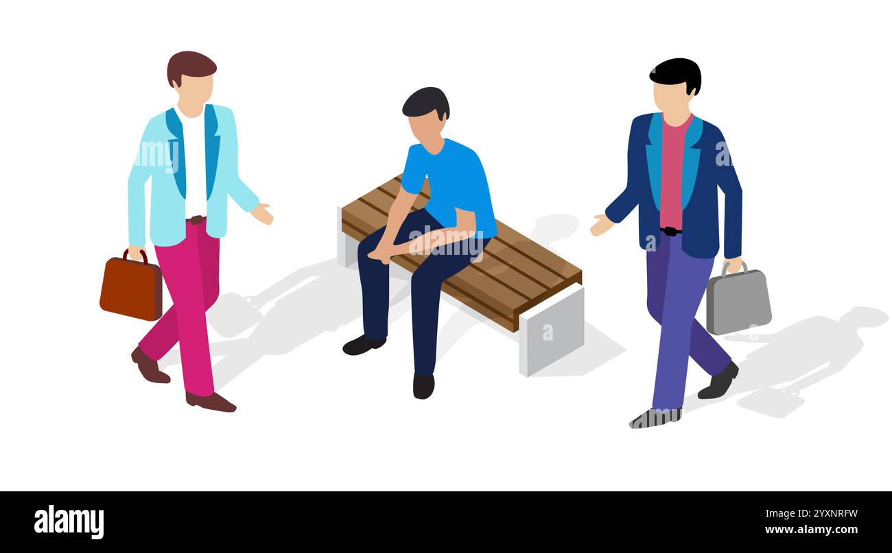 Two businessmen walking and one sitting on bench in isometric view ...