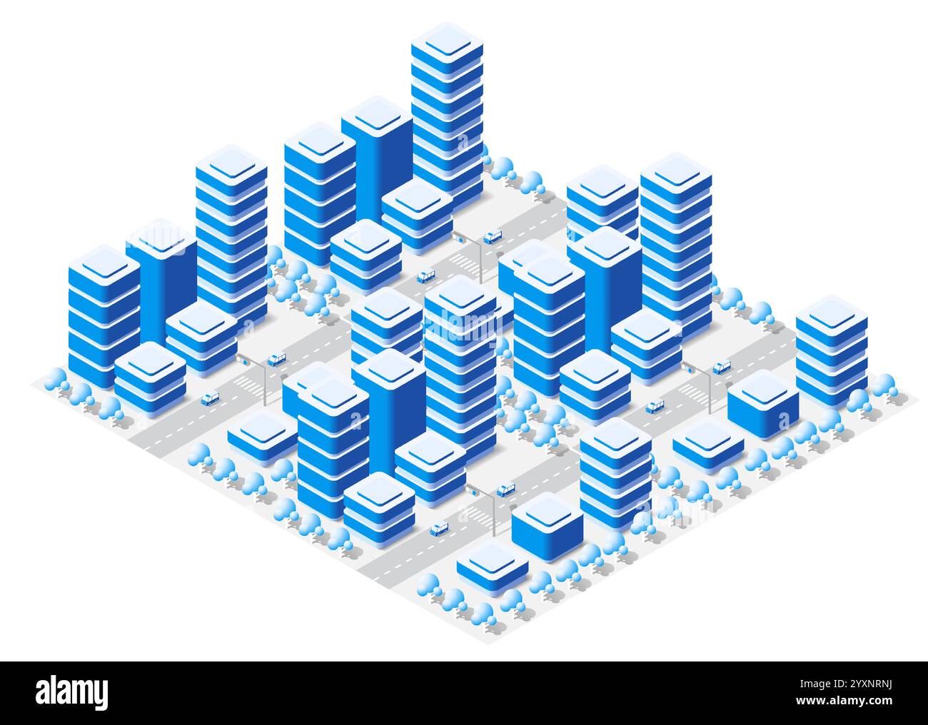 Isometric view of a modern urban city covered with snow during the cold ...