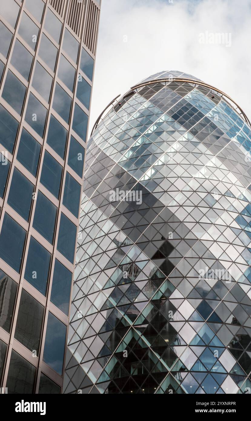 Close-up of 30 St Mary Axe, known as the Gherkin, a commercial ...