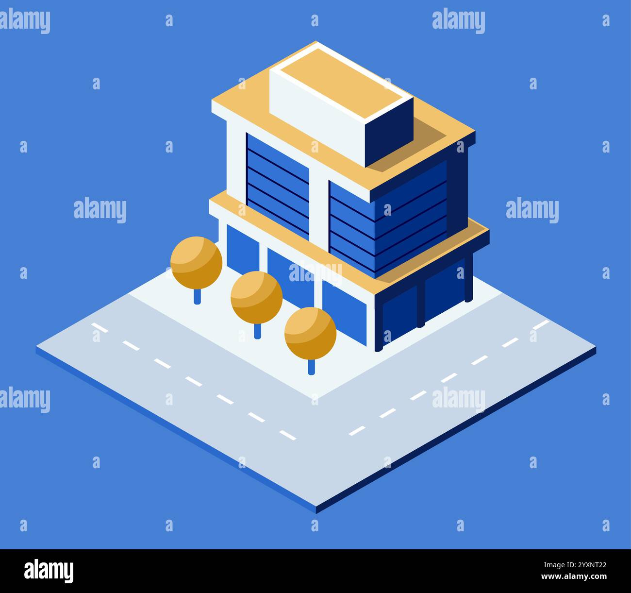 Isometric vector illustration featuring a modern office building with ...