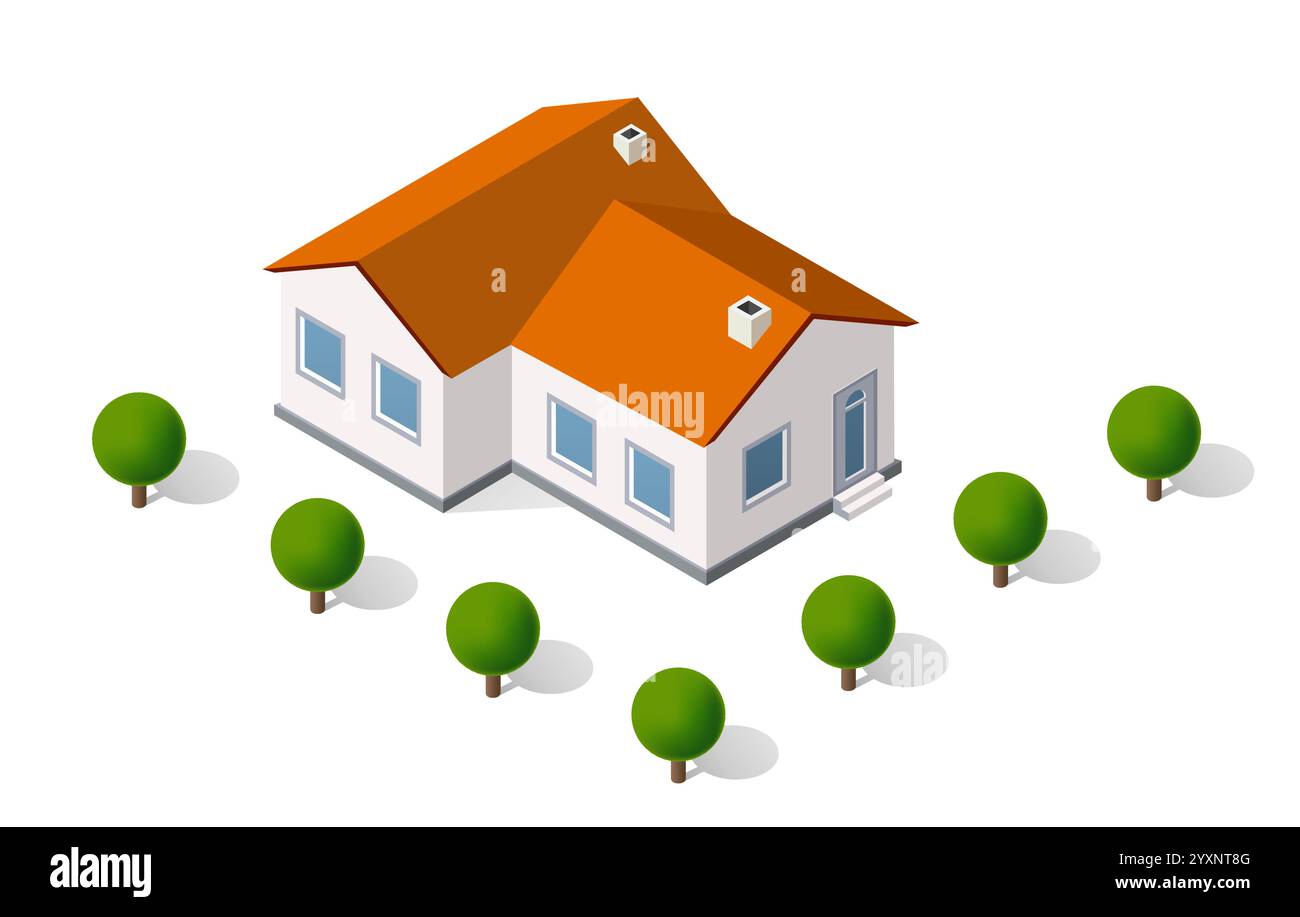 Modern house with orange roof and white facade surrounded by trees in isometric view Stock ...
