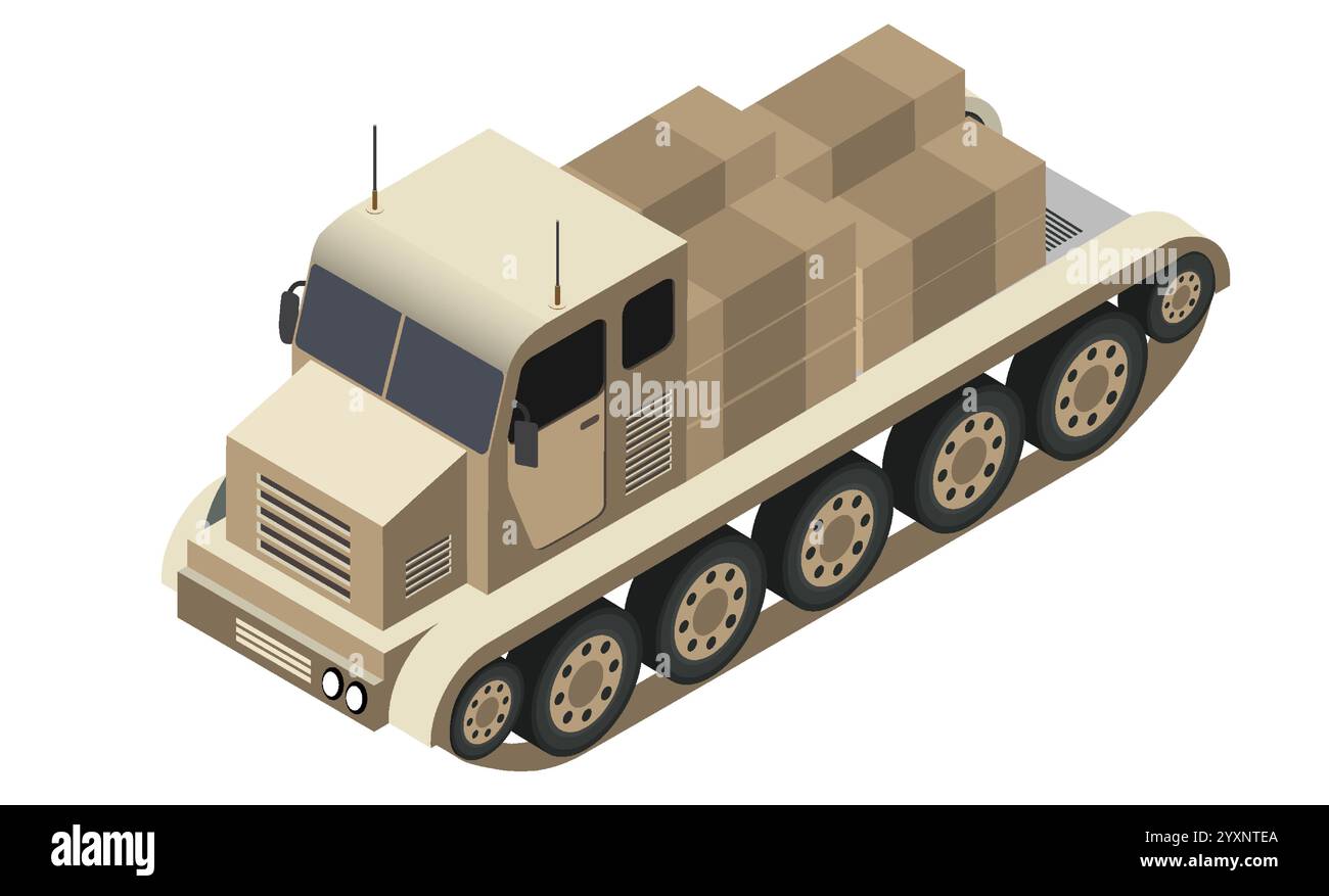 Powerful military truck transporting cargo, equipped with a continuous ...