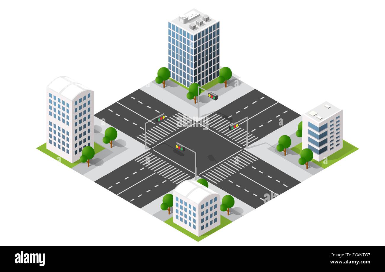 This isometric illustration shows a city intersection with traffic ...
