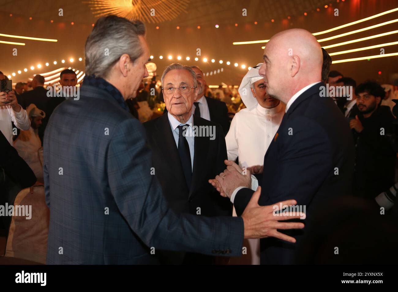 Real Madrid president Florentino Perez, center, arrives for the FIFA Football Awards 2024 ...