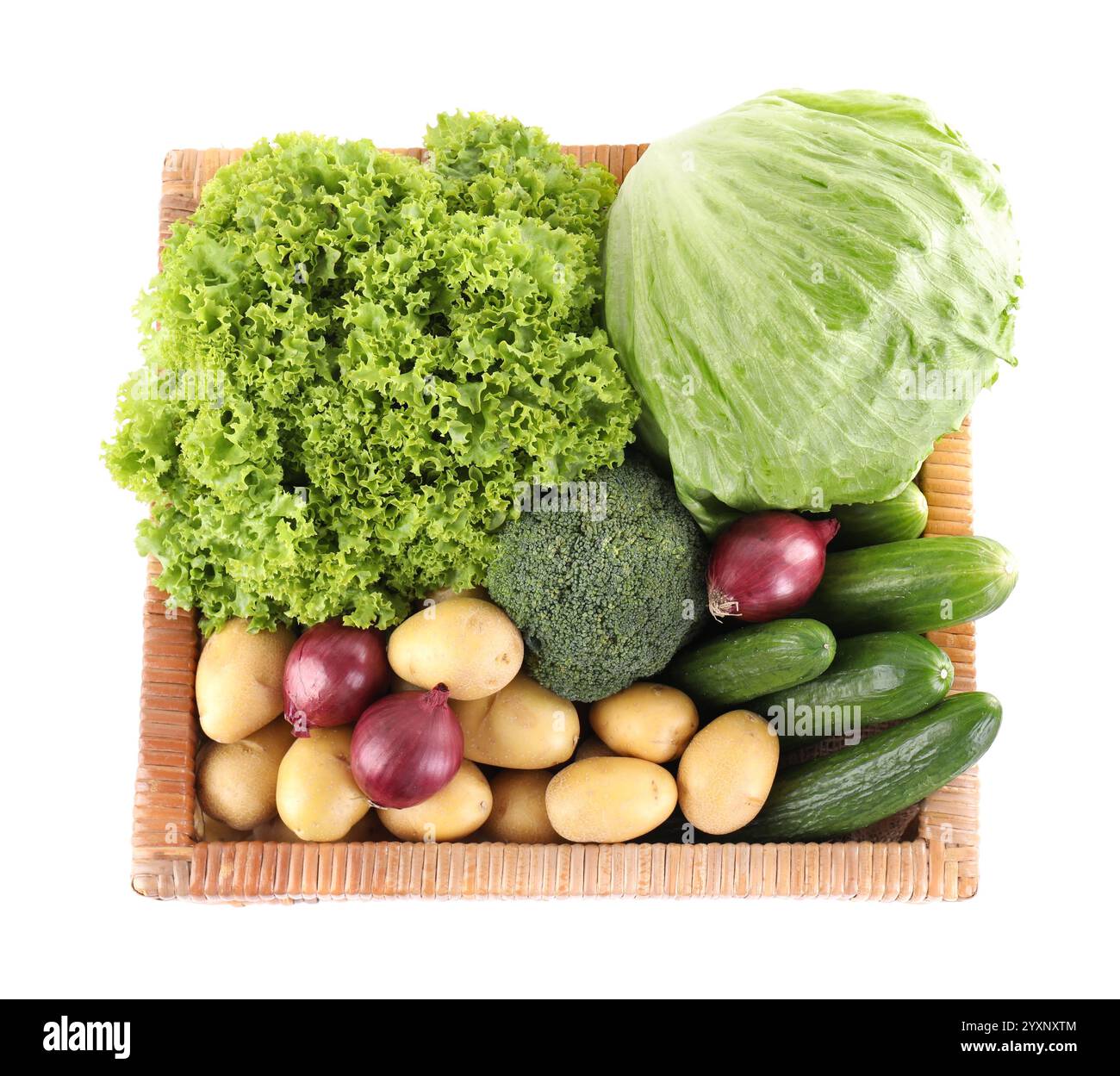 Different ripe vegetables in box isolated on white, top view Stock ...