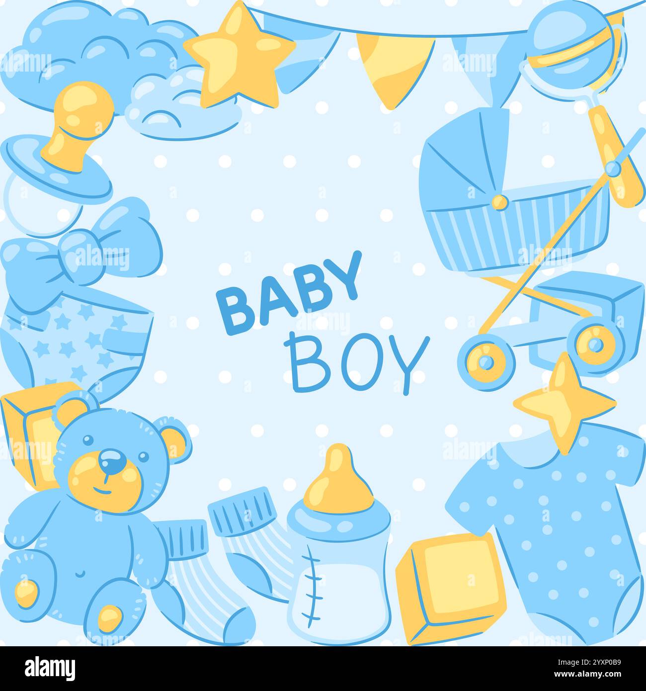 Baby shower greeting card. New born baby boy Happy Birthday Stock ...
