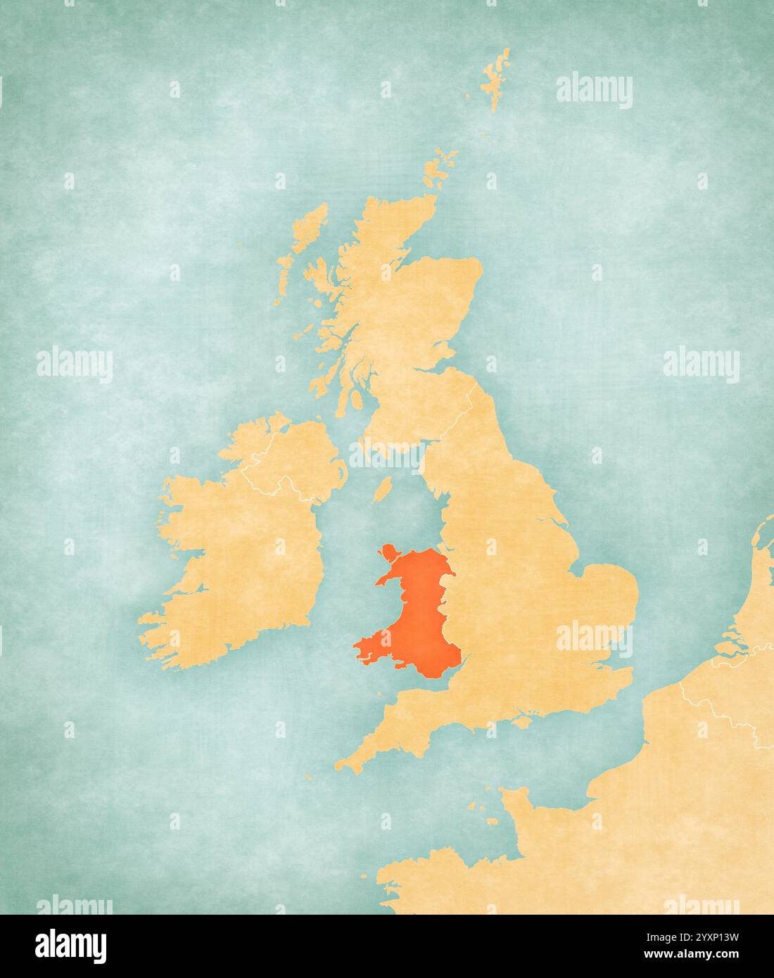 Wales on the map of British Isles in soft grunge and vintage style ...
