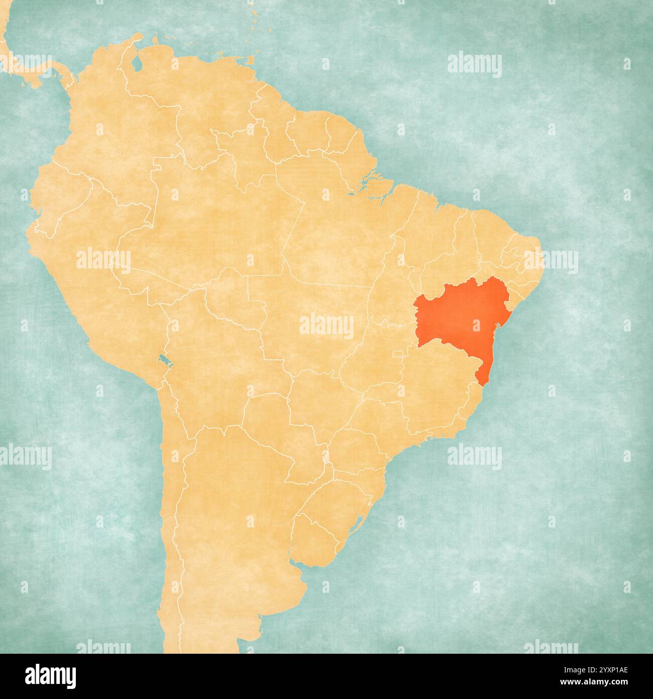 Bahia on the map of Brazil in soft grunge and vintage style, like old ...