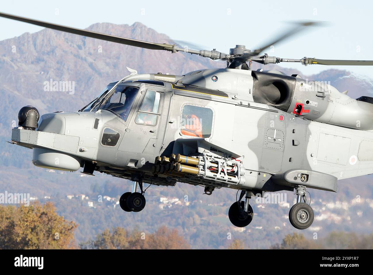 A Royal Navy AW159 Wildcat helicopter equipped with simulated Martlet ...