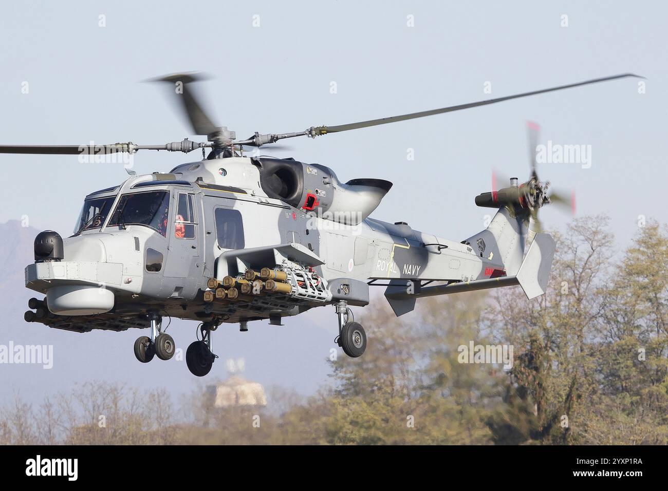 A Royal Navy AW159 Wildcat helicopter equipped with simulated Martlet ...