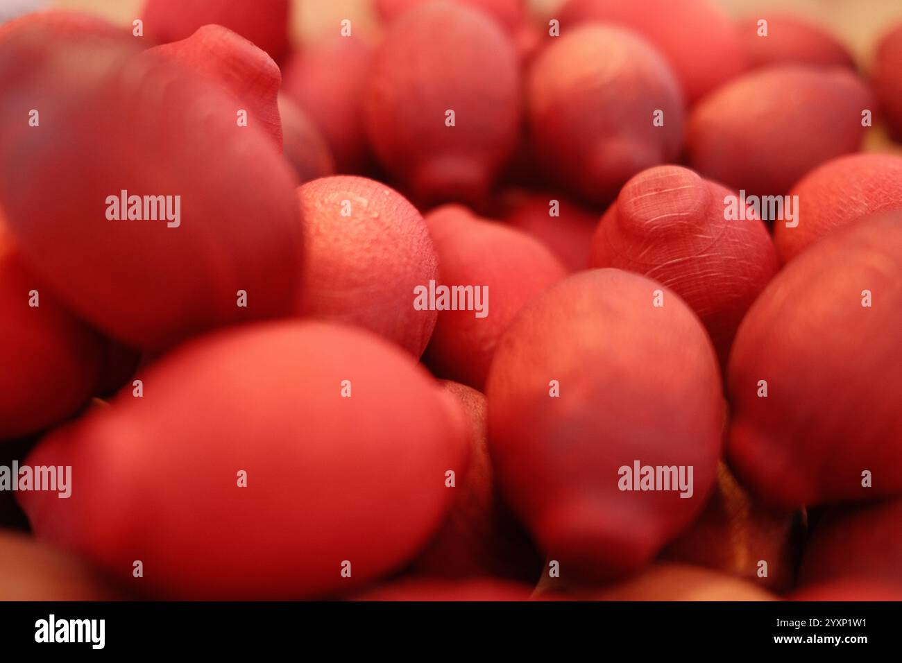 A bunch of red fruits with a fuzzy texture. The fruits are clustered together and appear to be ...