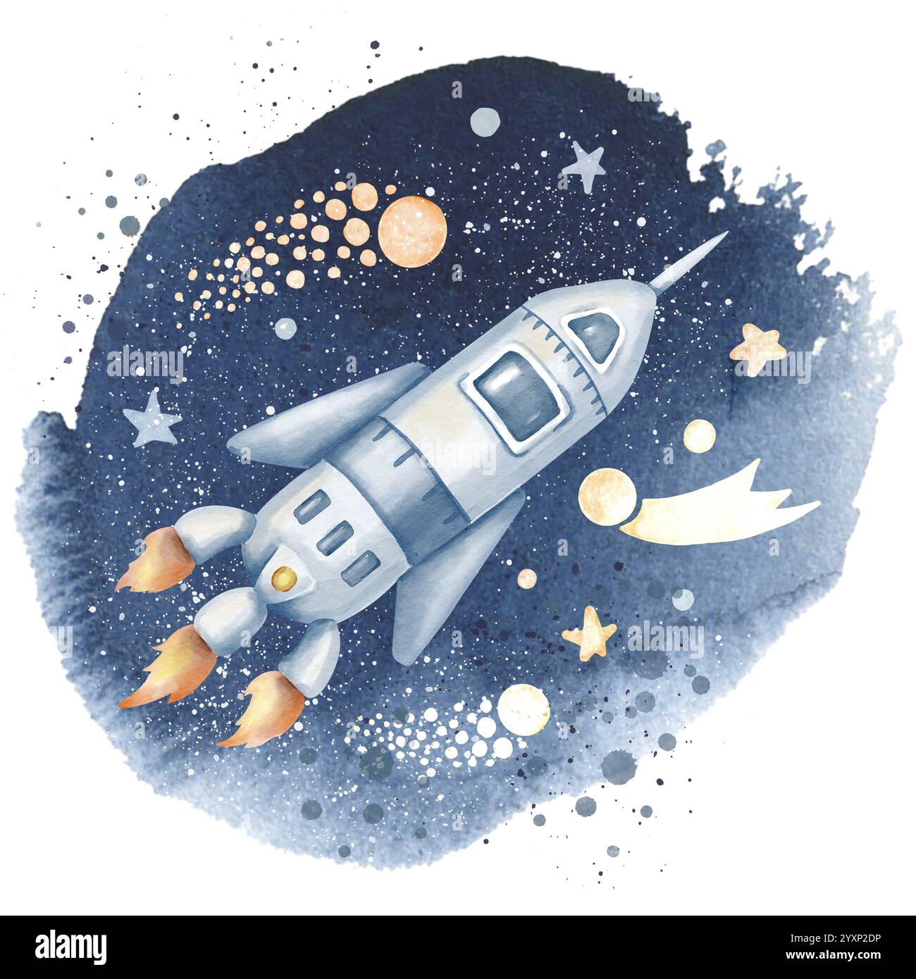 Watercolor illustration of a Rocket Spaceship flying through a starry ...
