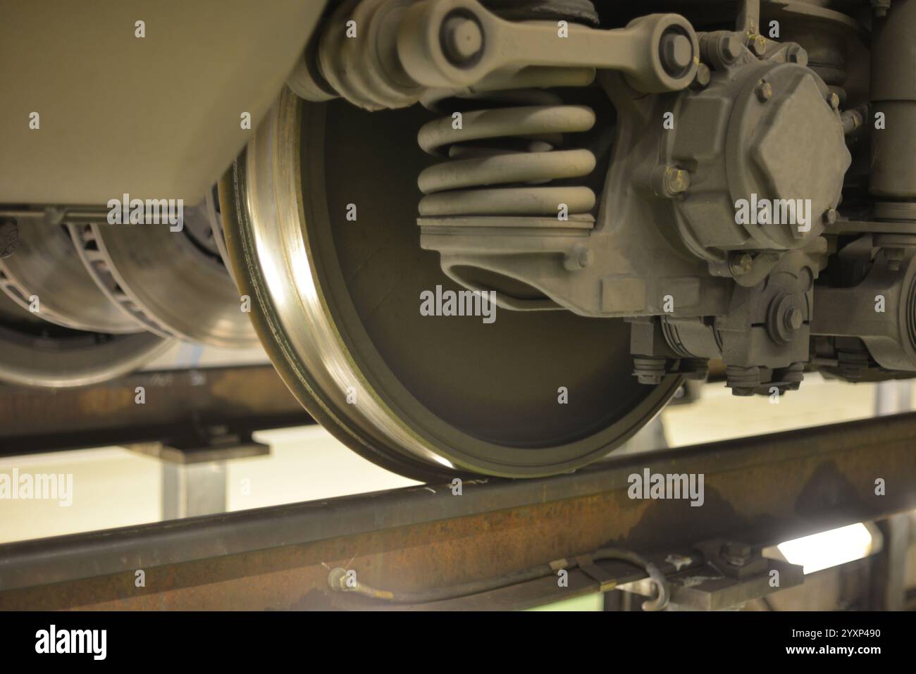 Detail of a train chassis on a rail, suspension, brake and wheel Stock ...