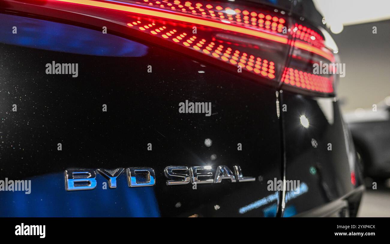 Berlin, Germany. 06th Dec, 2024. The logo of a BYD Seal car in the BYD ...