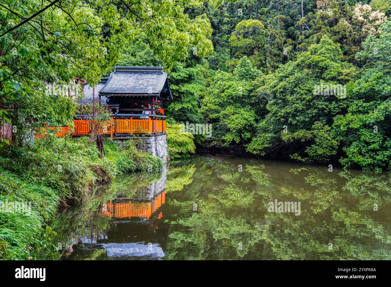 Scenic Japanese landscape with Kodamagaike Pond and Kumataka Shrine of ...