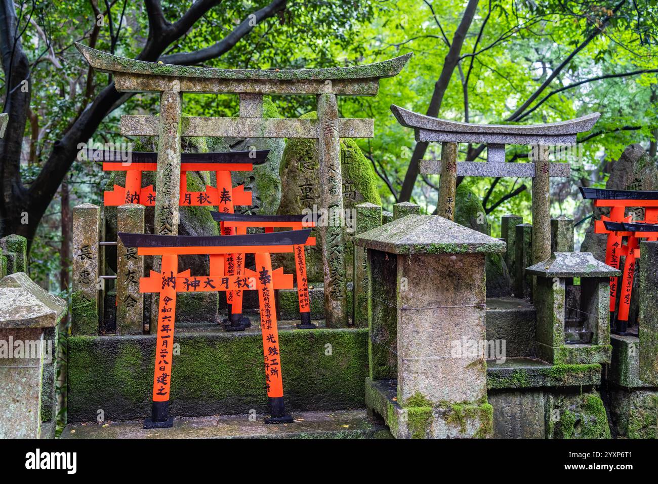 Small shinto place of worship with Torii Gates and inscriptioned stones ...