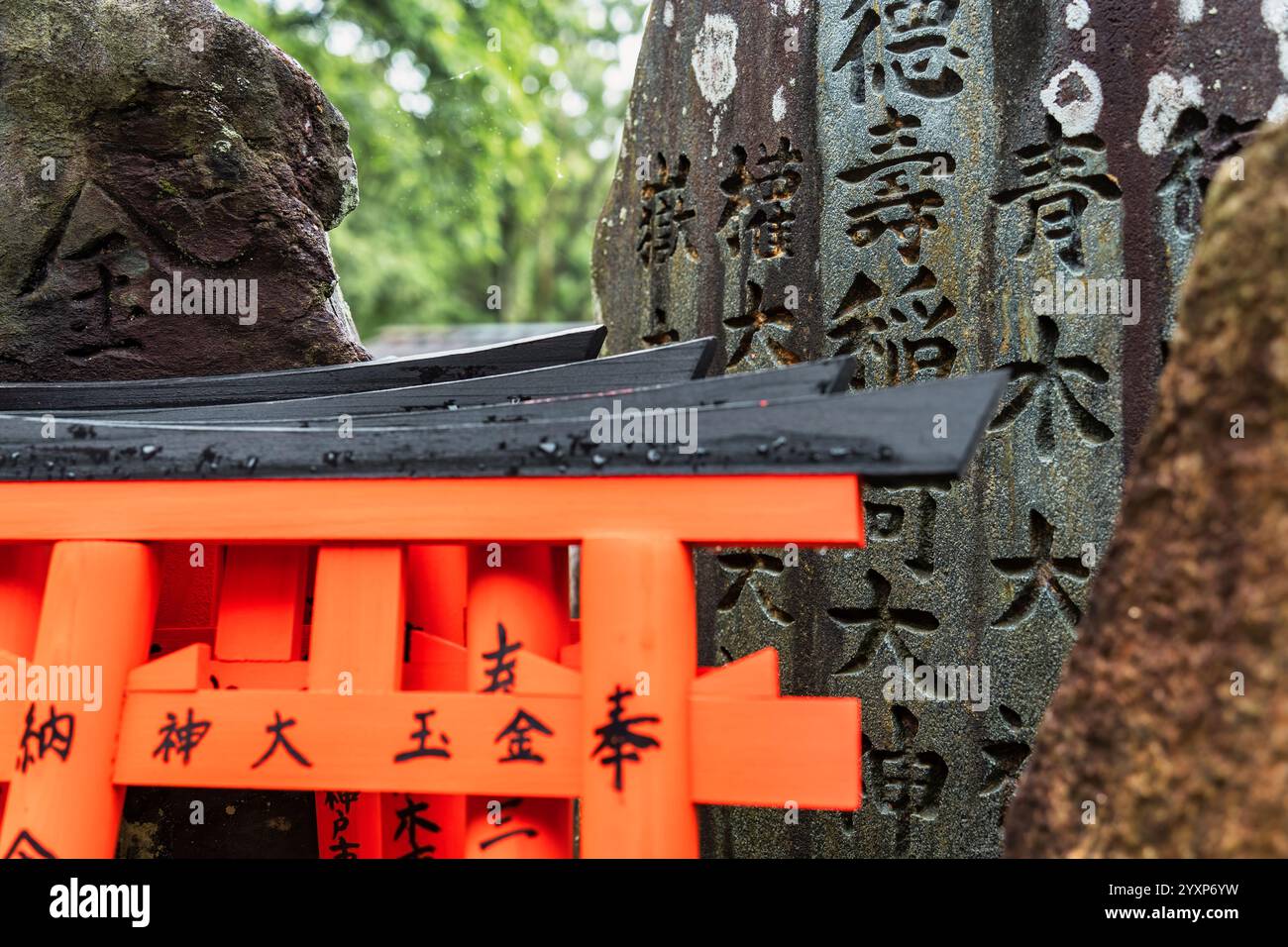 Small shinto place of worship with Torii Gates and inscriptioned stones ...