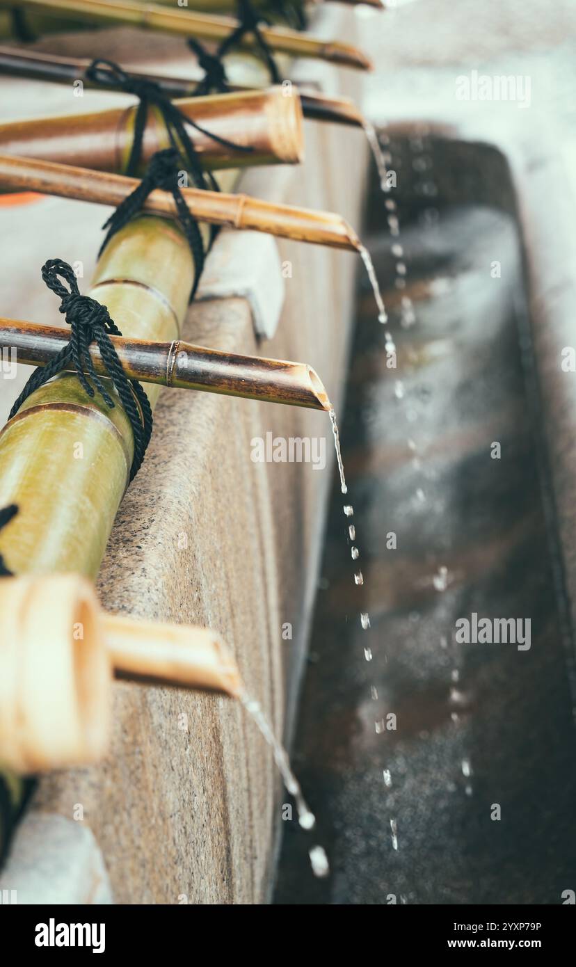 Close up detail with a water pipe fountain made of bamboo stem. Water ...