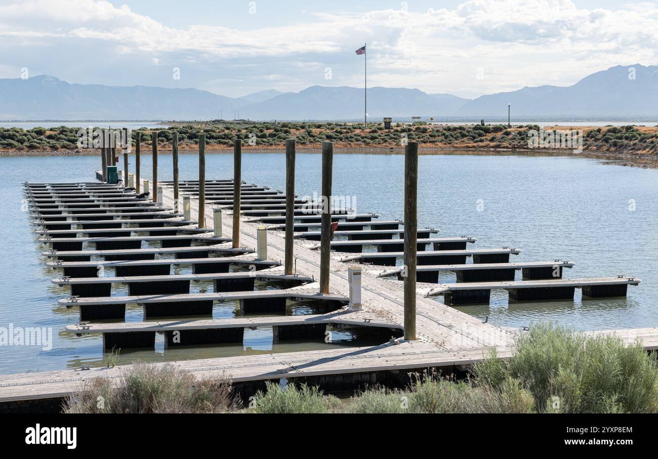 Empty mooring Pontoons in the disused harbour, Antelope Island, Salt ...