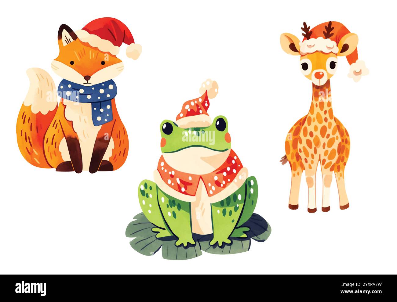 Watercolor illustration set of Christmas baby animals wearing santa hat ...