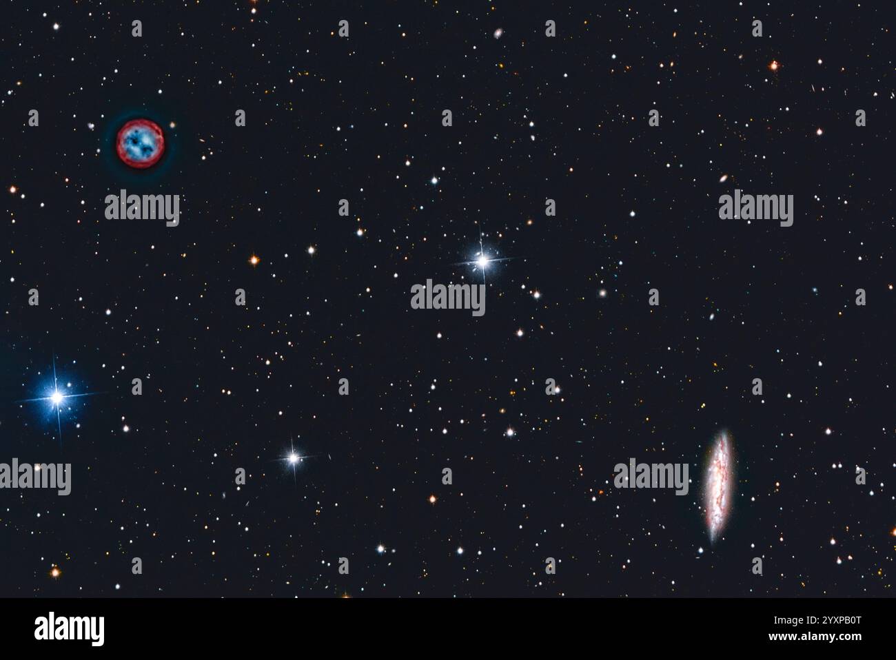 Planetary nebula Messier 97 (top left), and barred spiral galaxy ...
