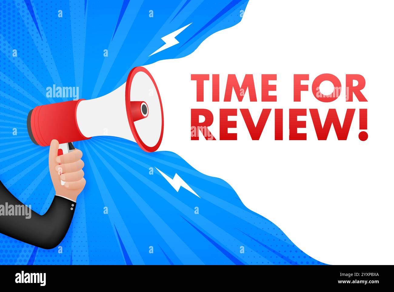 Hand holding megaphone with time for review message over blue comic ...