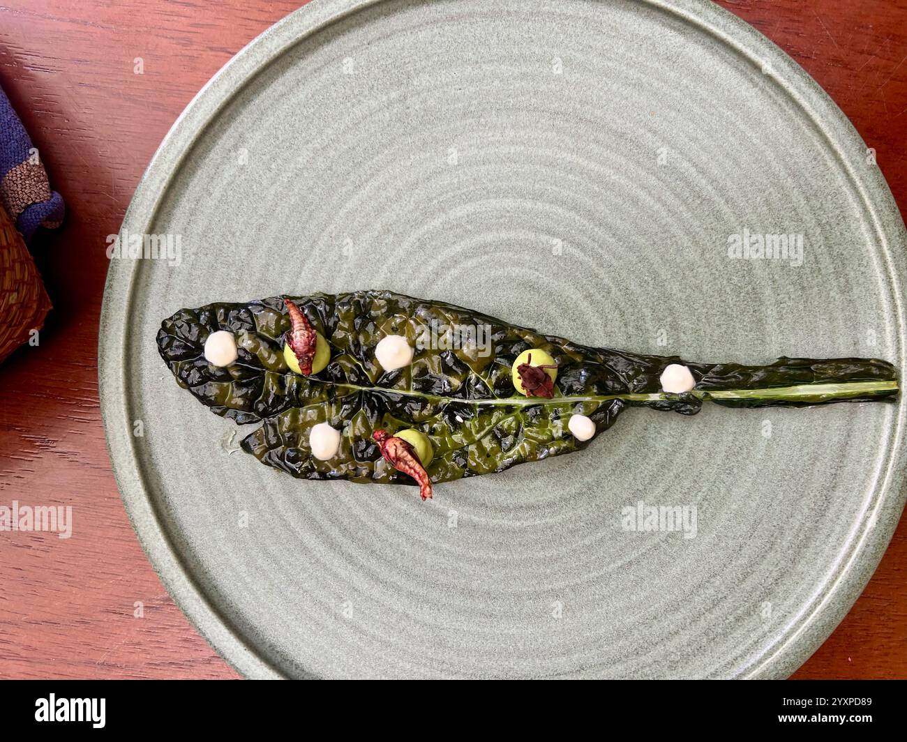 Crispy kale leaf with edible Mexican chapulines Stock Photo - Alamy