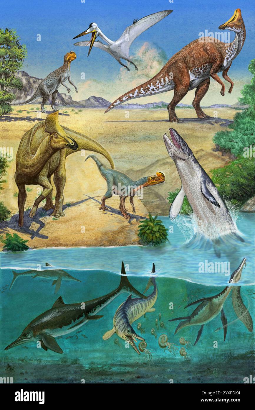 Dinosaurs and aquatic reptiles in a prehistoric environment Stock Photo ...