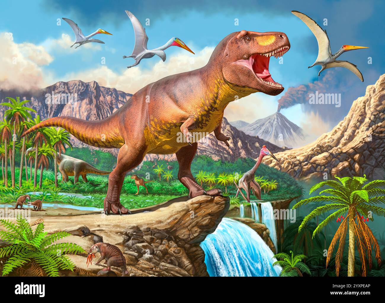 Tyrannosaurus rex roaring at the top of a waterfall, with ...