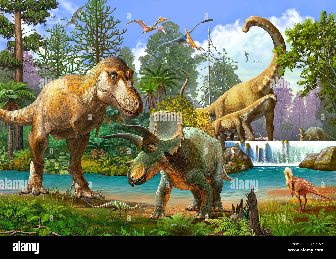 Dinosaurs along a river in a prehistoric environment Stock Photo - Alamy