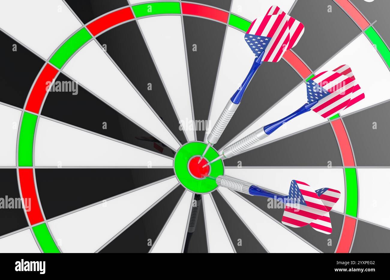 Dartboard with darts painted with American flag in bullseye, 3D ...
