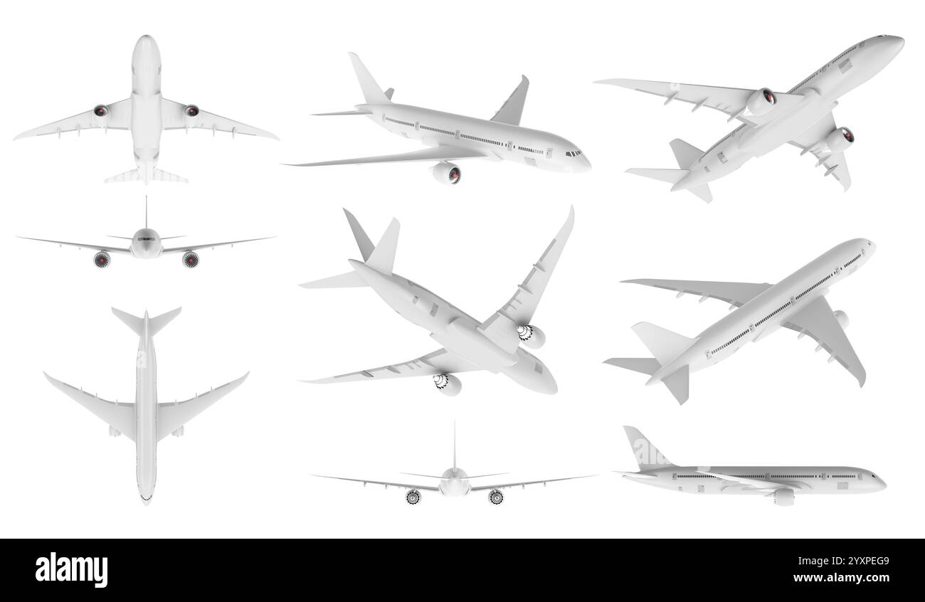 Airliner, aeroplane. Side, front and top views. 3D rendering isolated ...