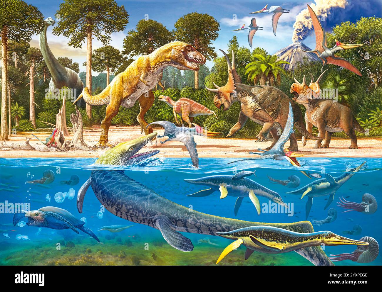 Prehistoric scene of aquatic reptiles and land dinosaurs Stock Photo ...