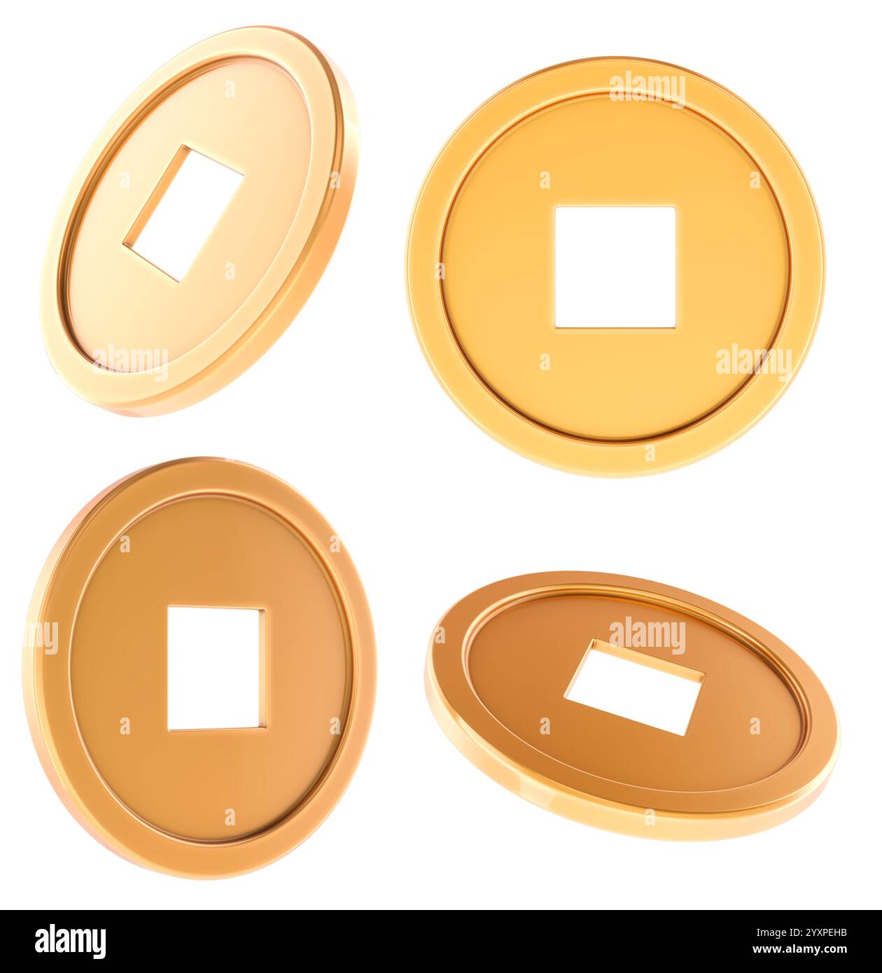 Traditional Chinese gold coin with square hole, different views. Symbol of wealth, prosperity ...