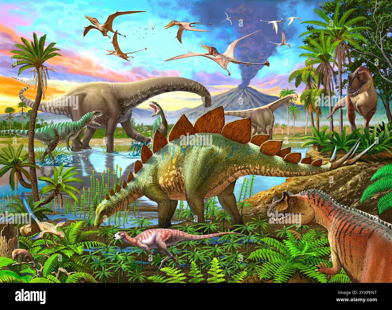 Dinosaurs roaming the wetlands, with a volcano erupting in background ...
