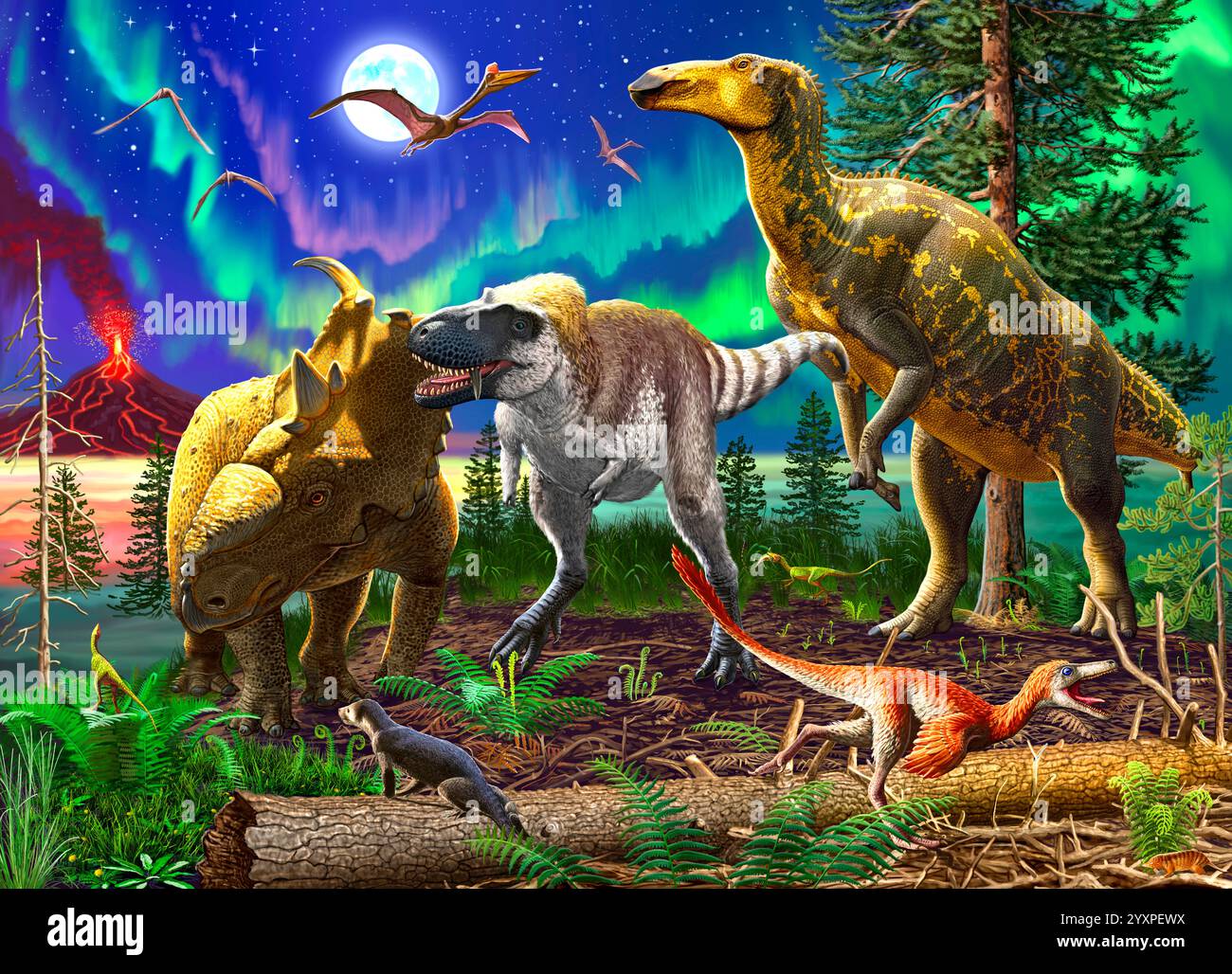 A Nanuqsaurus attacks a Pachyrhinosaurus dinosaur while an ...