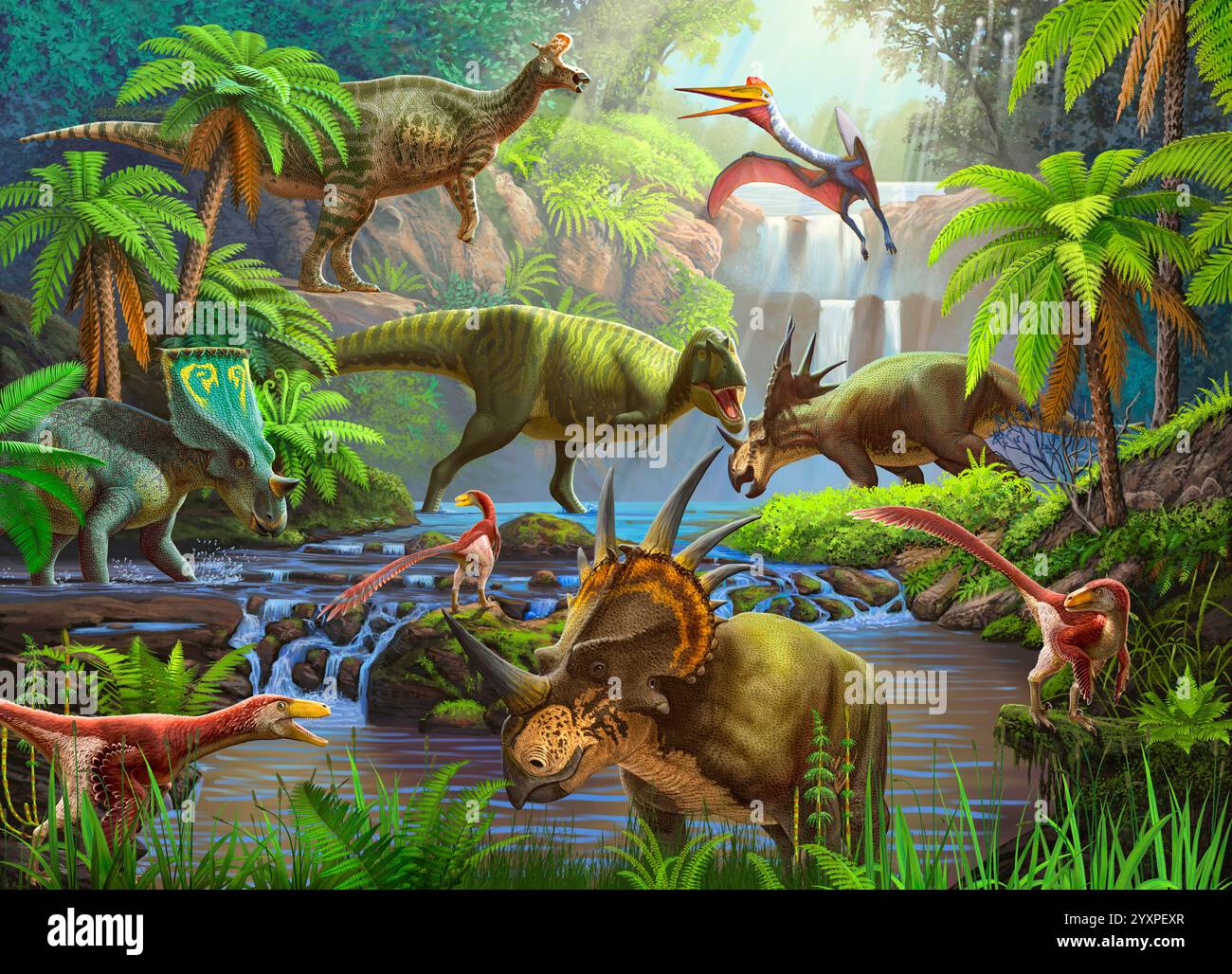 Dinosaurs gather along a stream in a prehistoric forest Stock Photo - Alamy