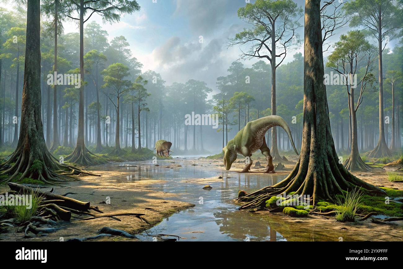 Tyrannosaurus rex stalks a Triceratops dinosaur from a distance in a ...