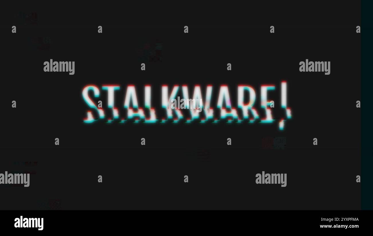 Stalkware text with glitch effect on computer screen, illustration ...