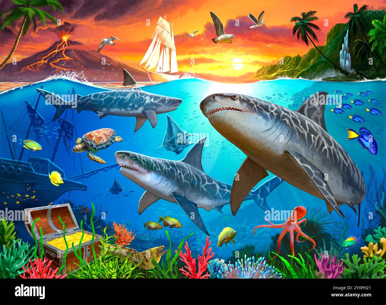 Underwater scene of sharks swimming around a sunken ship and treasure ...