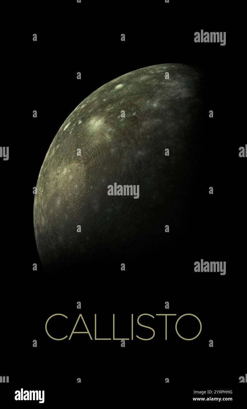 Solar system poster Callisto, a moon of Jupiter Stock Photo - Alamy