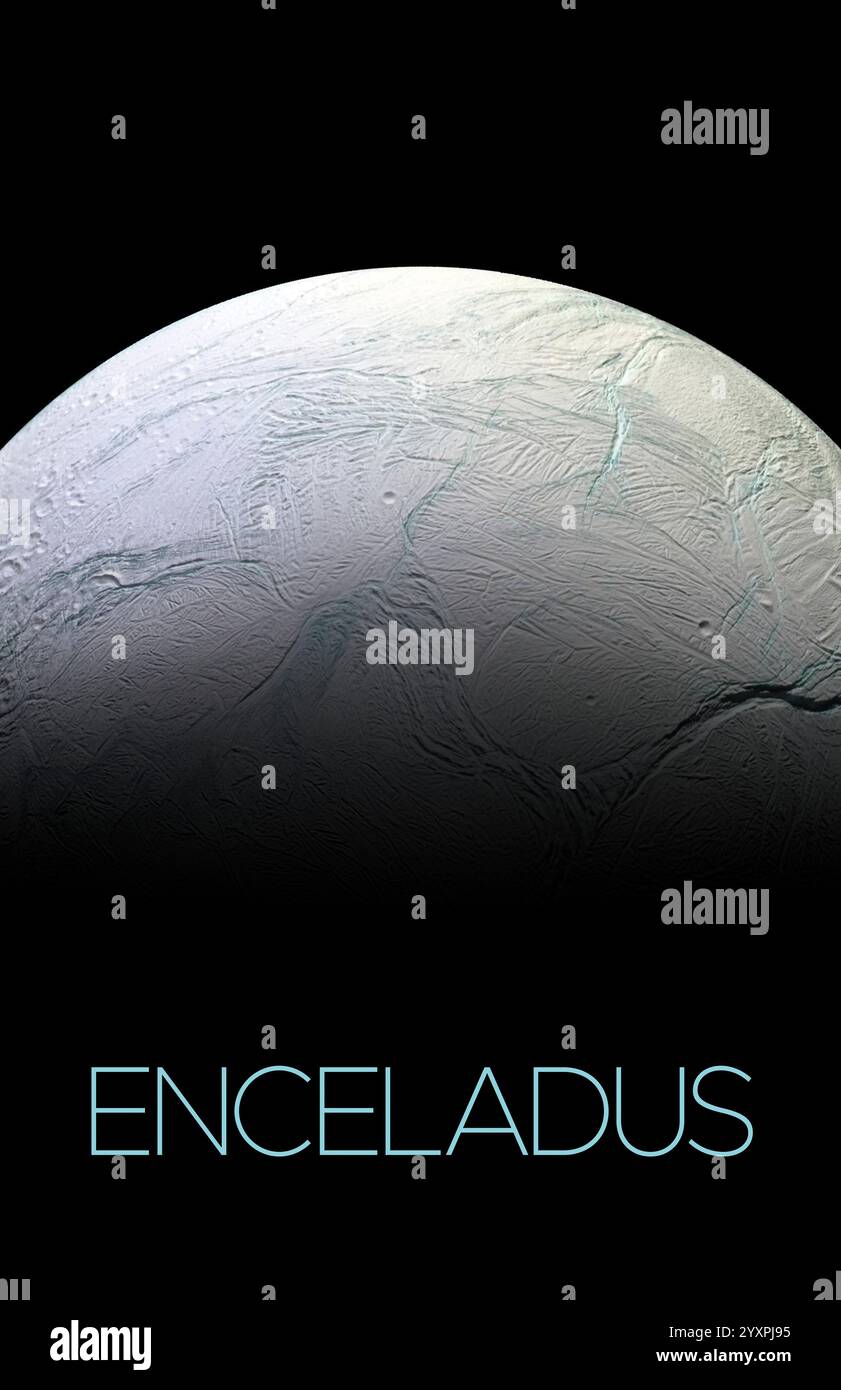 Solar system poster Enceladus, a moon of Saturn Stock Photo - Alamy