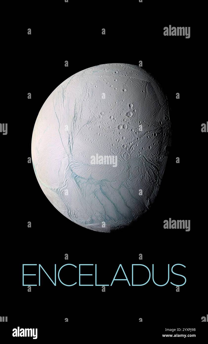 Solar system poster Enceladus, a moon of Saturn Stock Photo - Alamy