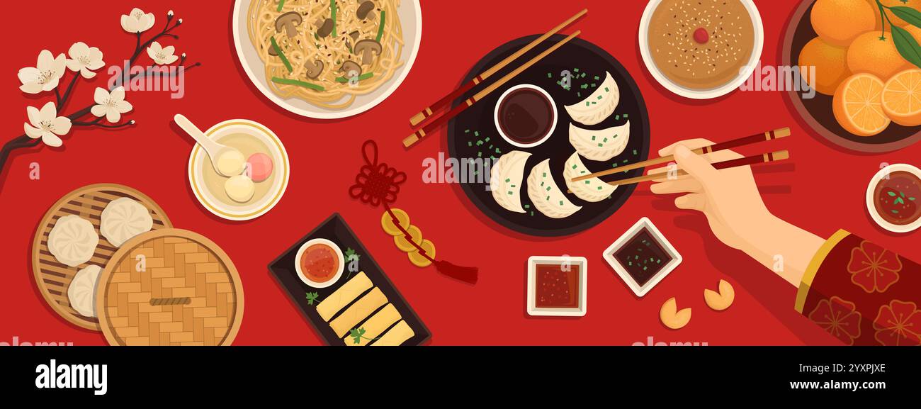 Chinese New Year celebration with traditional food and decorations, a ...