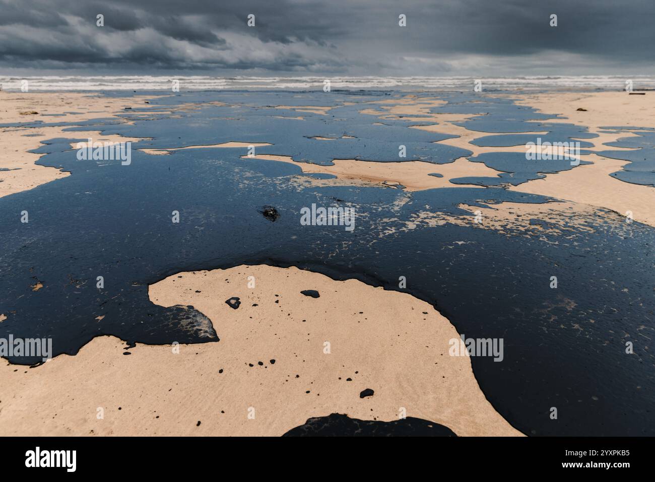 Oil spill in ocean coastline after a tanker wreck. Fuel oil polluted ...